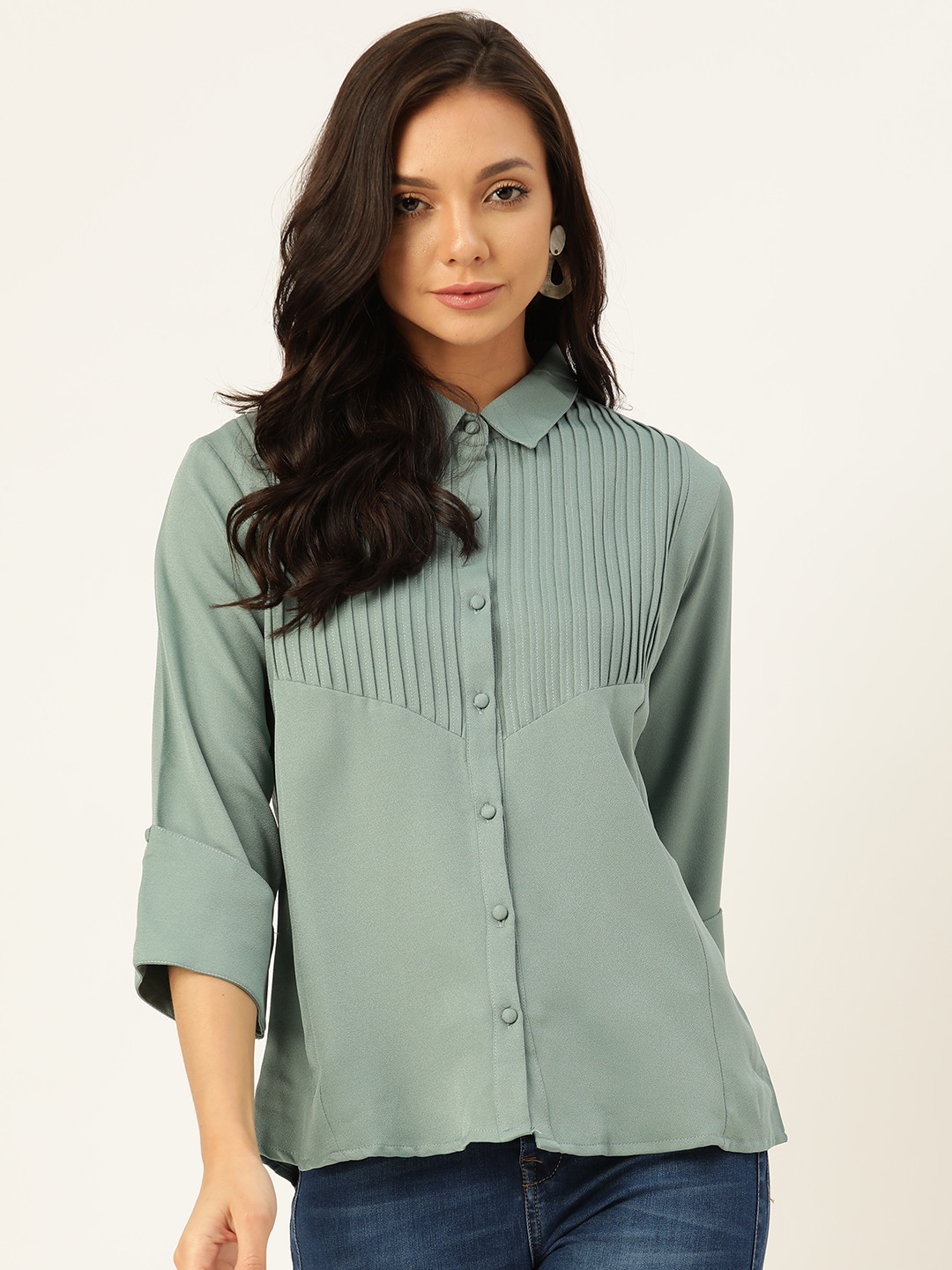 Buy LABEL REGALIA Women Green Solid Pleated Detail Casual Shirt ...