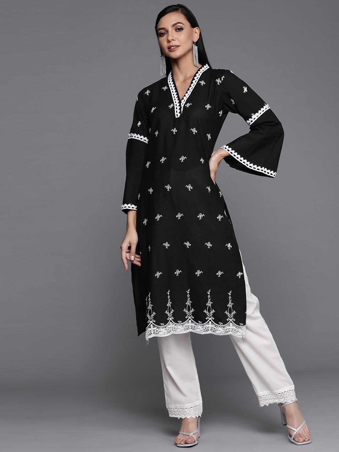 Buy Libas Women Black And White Floral Motifs Embroidered Bell Sleeves