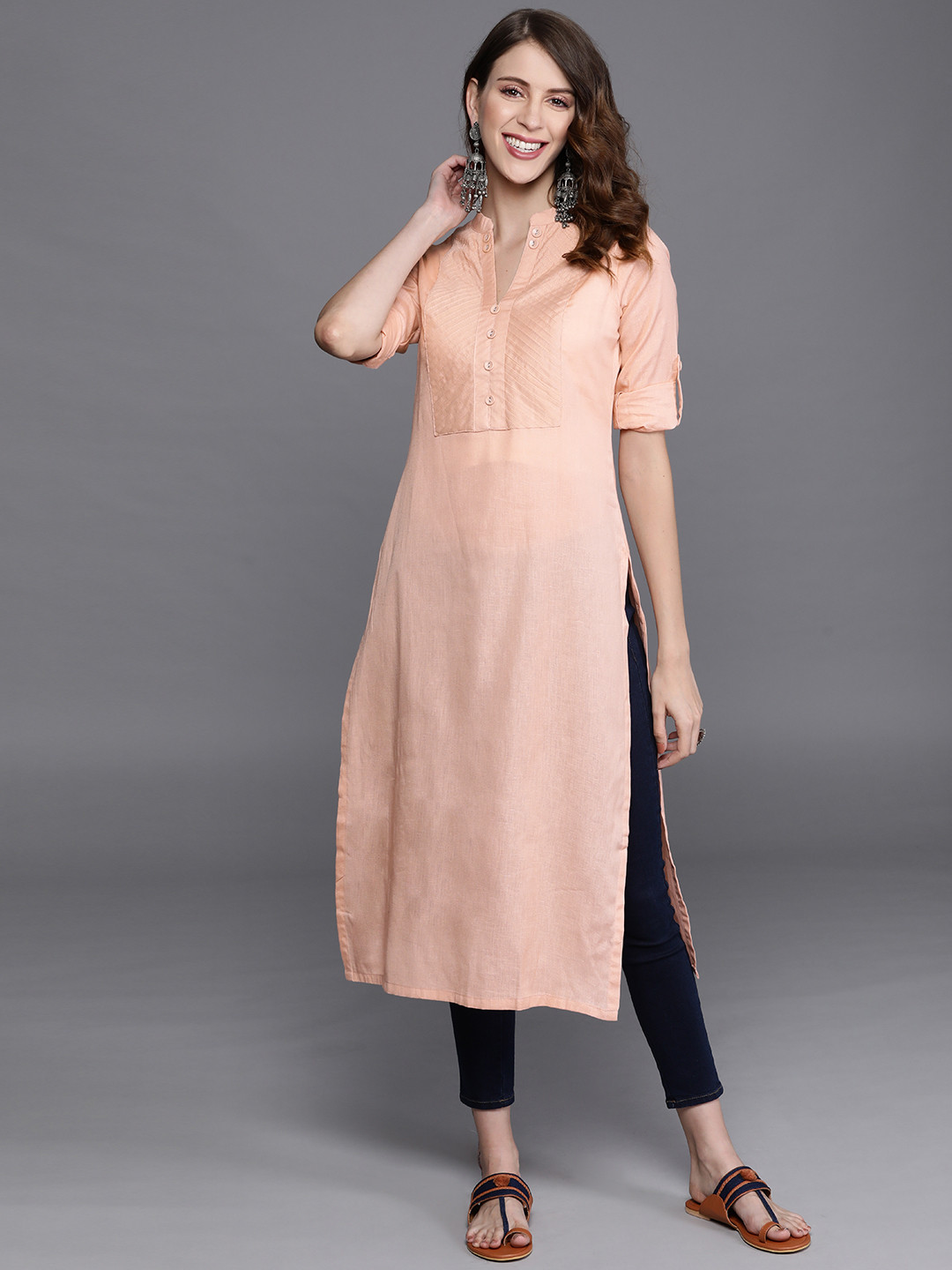 Buy Libas Women Peach Coloured Yoke Design Kurta - Kurtas for Women ...