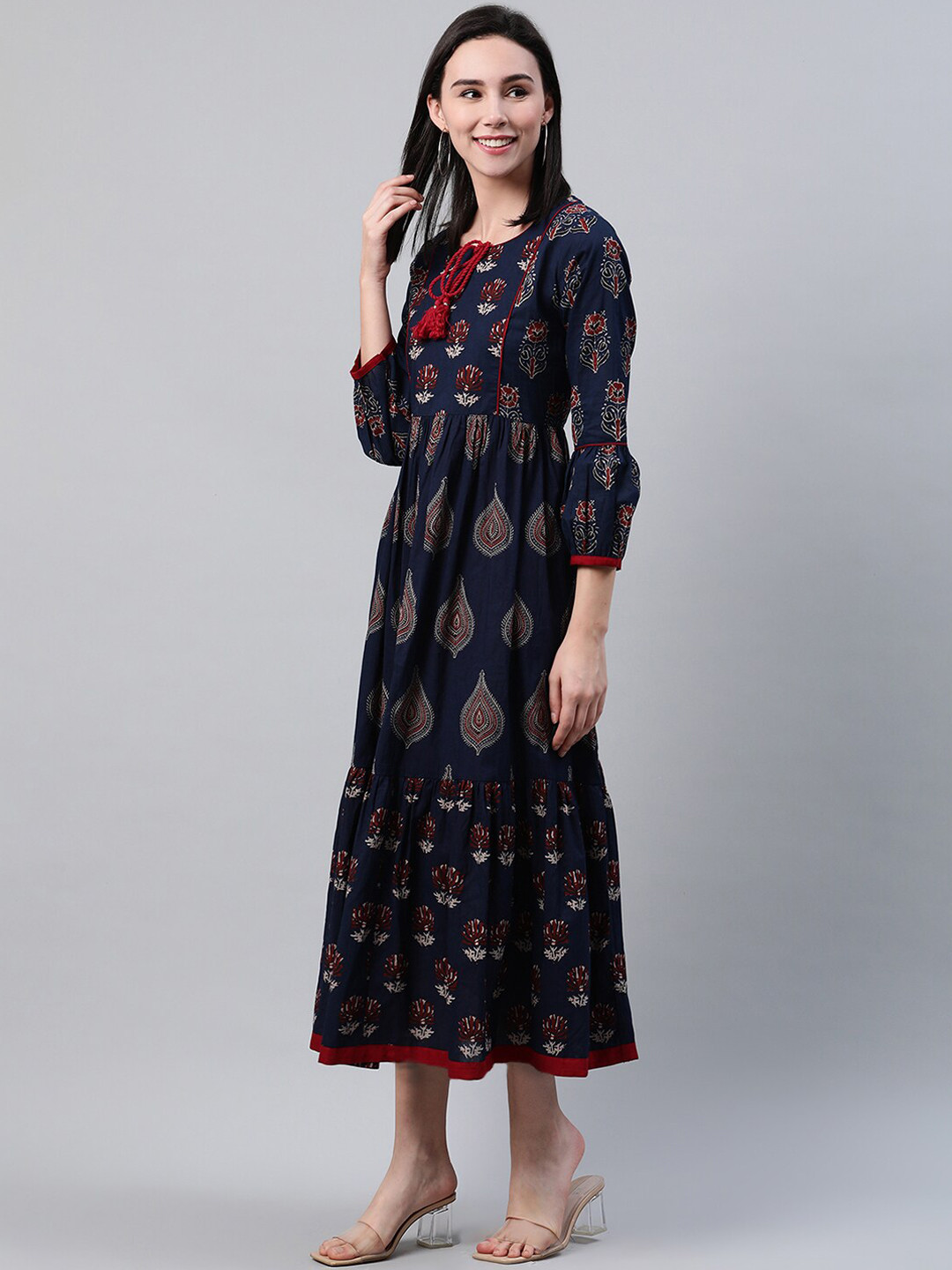 Buy Libas Women Navy Blue Printed Fit And Flare Dress - Ethnic Dresses ...