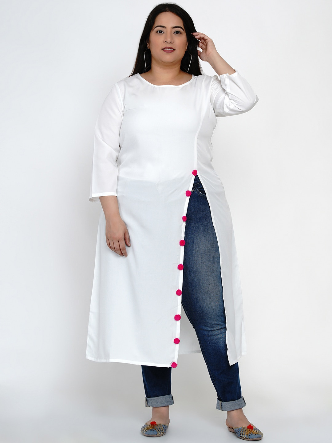 Buy Fabnest Curve Women White & Pink High Front Slit Kurta - Kurtas for ...