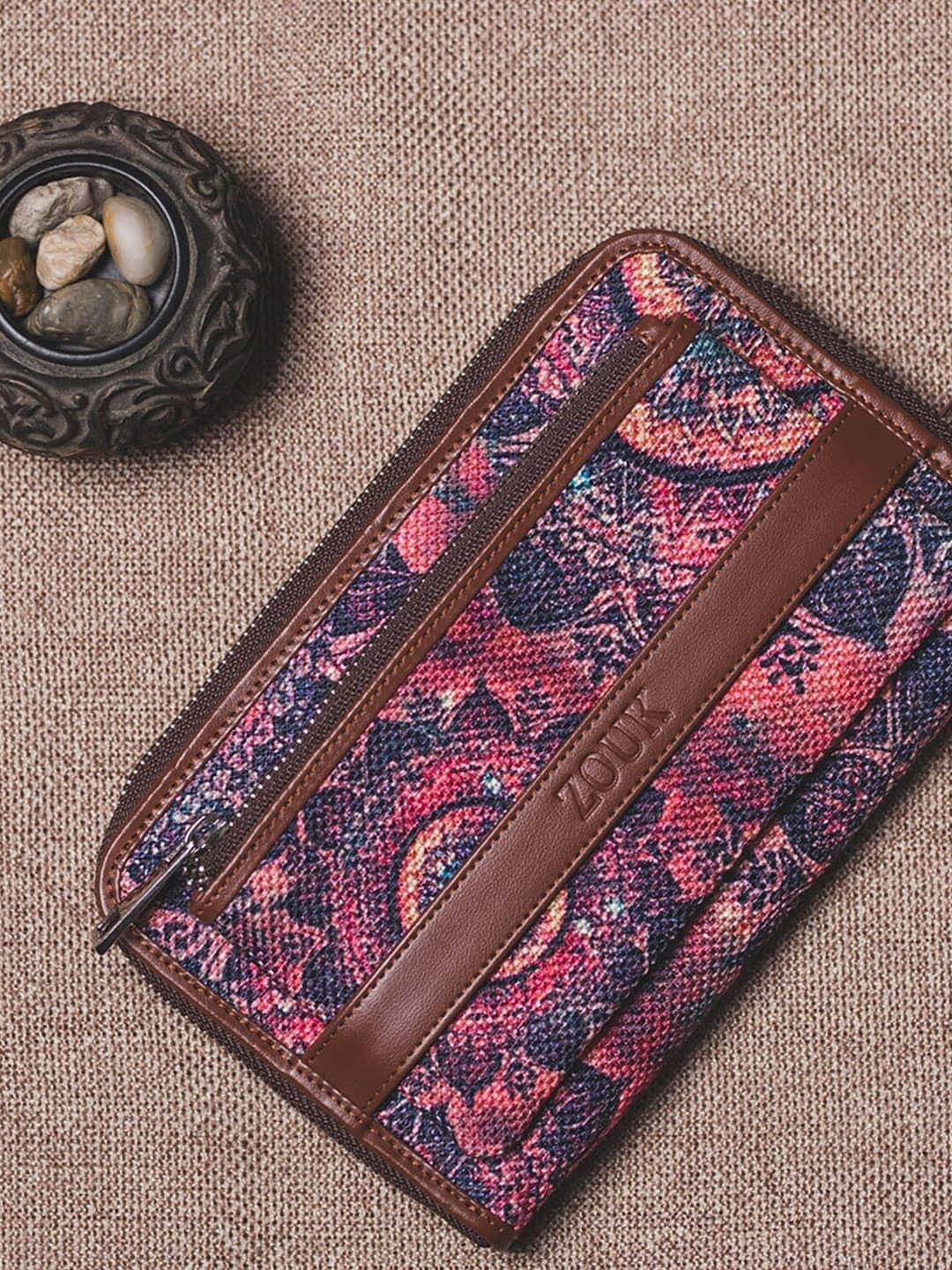 Buy ZOUK Women Pink & Blue Printed Vegan Leather Zip Around Sustainable ...