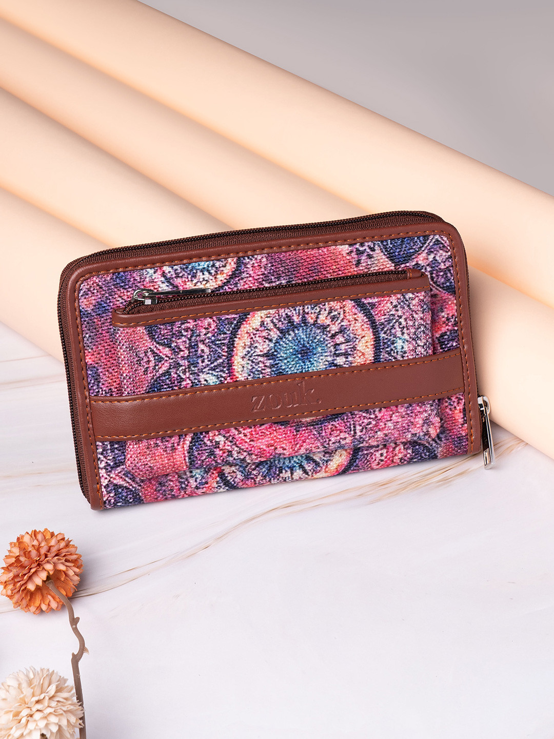 Buy ZOUK Women Pink & Blue Printed Vegan Leather Zip Around Wallet ...