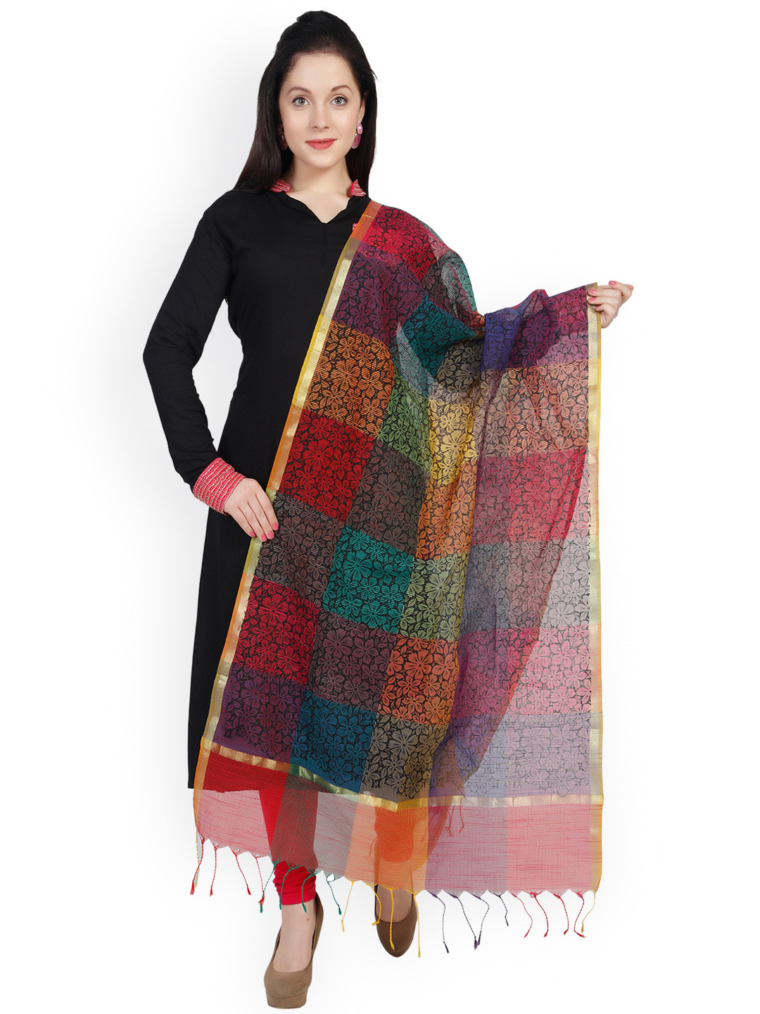 Buy Dupatta Bazaar Multicoloured Floral Block Print Cotton Silk Dupatta ...