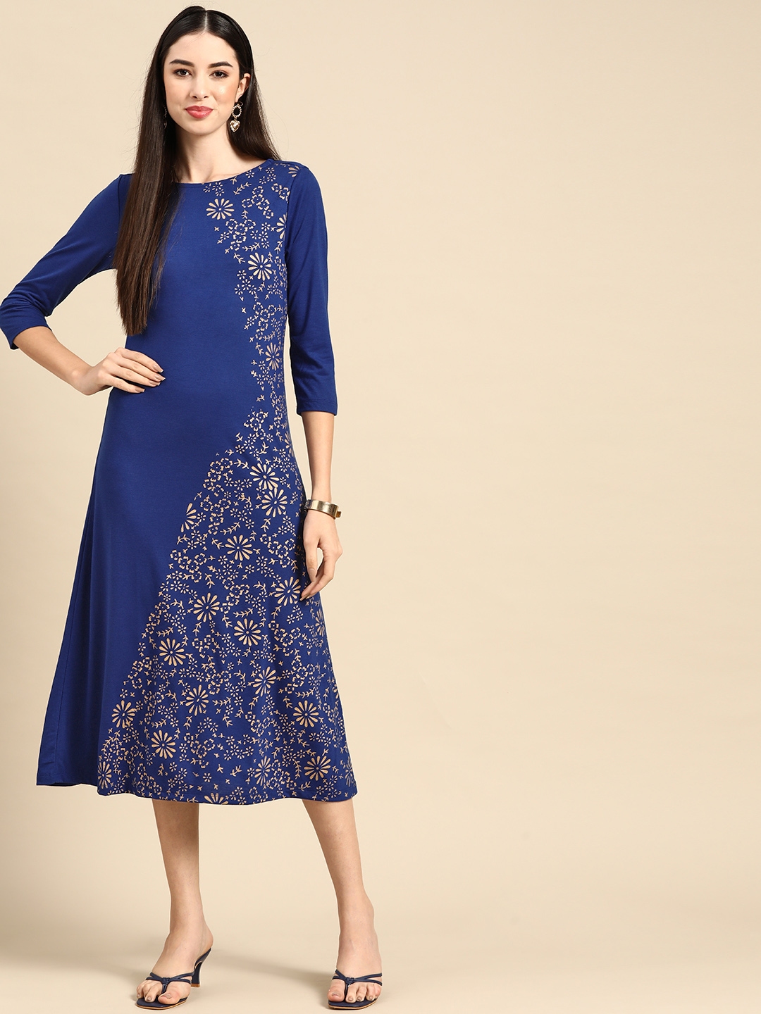 Buy Anouk Blue And Golden Ethnic Motifs A Line Midi Dress Ethnic