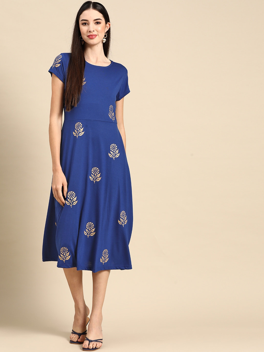 Buy Anouk Blue And Golden Ethnic Motifs Print Fit And Flare Midi Dress