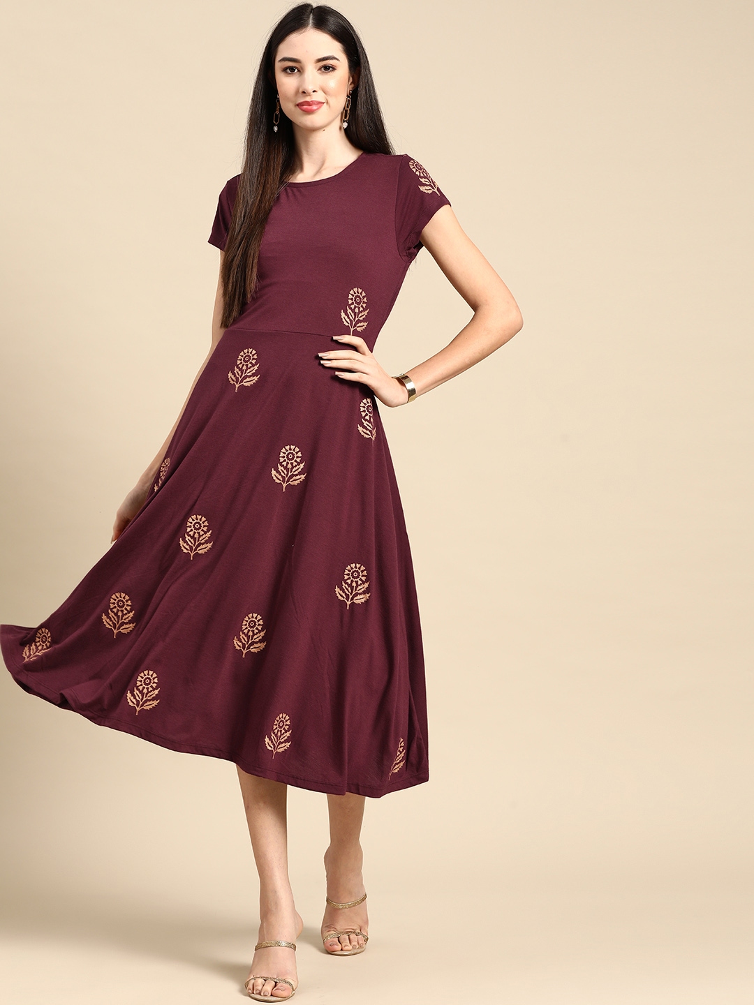 Buy Anouk Burgundy And Golden Ethnic Motifs Print Fit And Flare Midi Dress