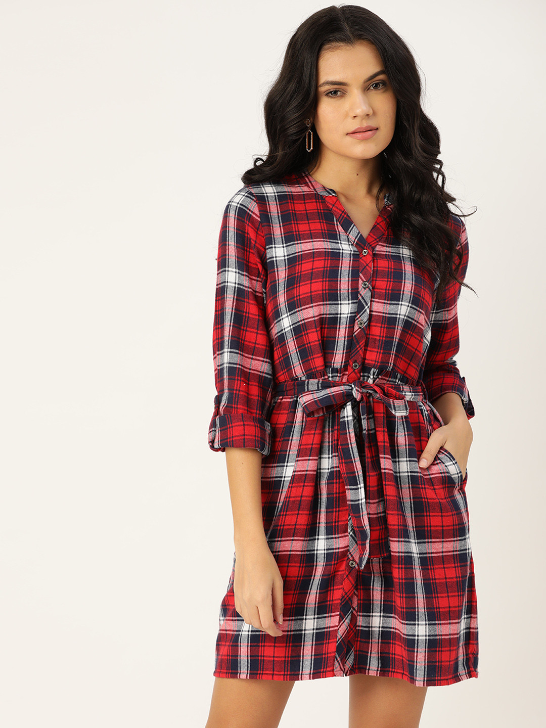 Buy Flying Machine Red & Navy Blue Checked Pure Cotton Midi Shirt Dress ...
