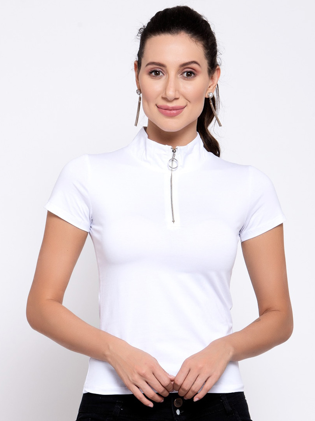Buy Iki Chic Women White Solid High Neck T Shirt - Tshirts for Women ...