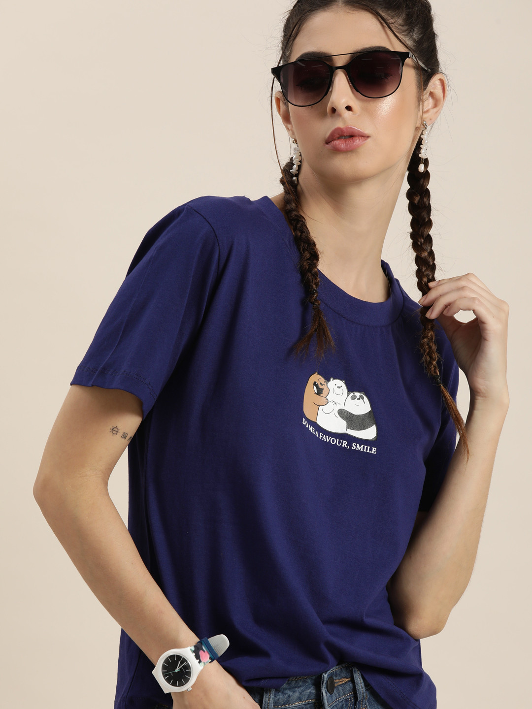 Buy Moda Rapido Women Navy Blue T Shirt With Printed Detailing ...
