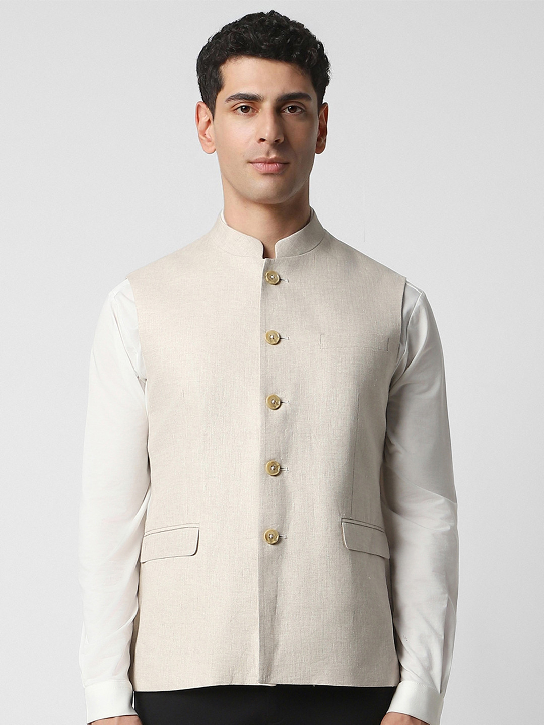 Buy Van Heusen Men Cream Solid Linen Nehru Jacket - Nehru Jackets for ...