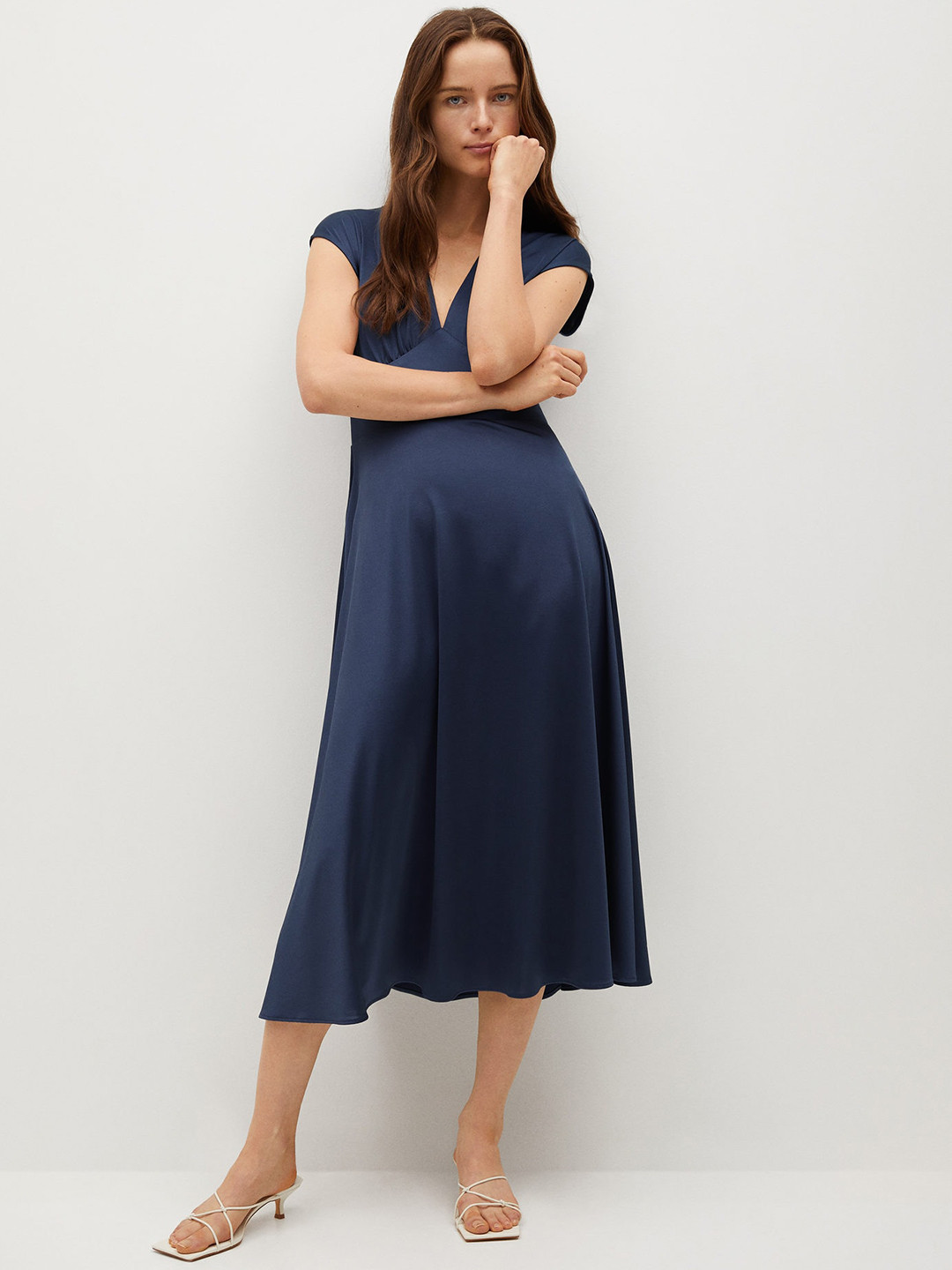 Buy MANGO Women Navy Blue Solid A Line Midi Satin Finish Dress ...