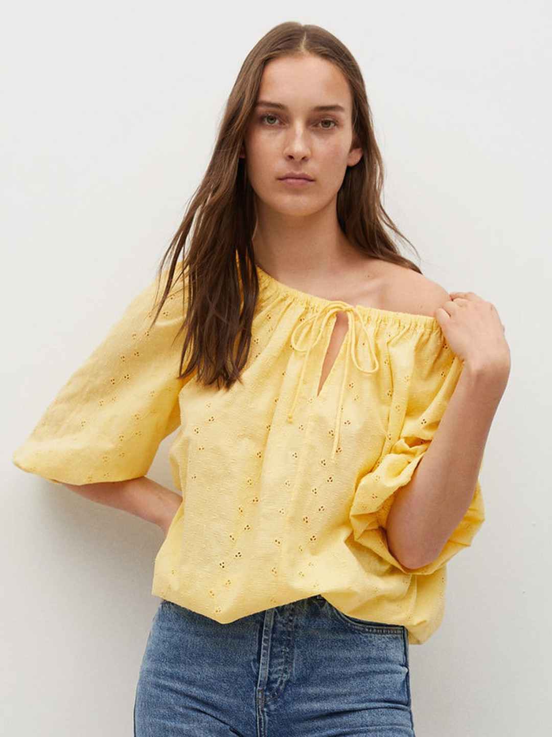 Buy MANGO Yellow Geometric Embroidered Pure Cotton Sustainable Tie Up ...