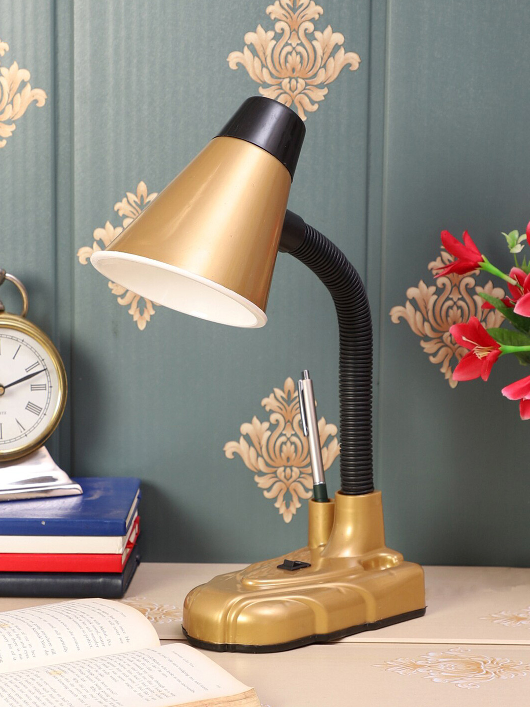 Buy MFD HOME FURNISHING Gold Toned & Black Solid Traditional Study Lamp ...