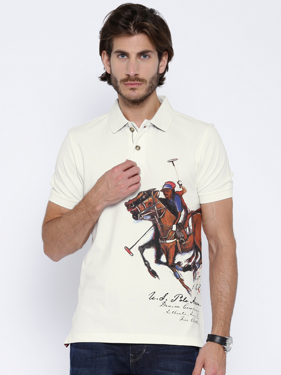 Buy U.S. Polo Assn. Denim Co. Off White Printed Polo Pure Cotton T ...