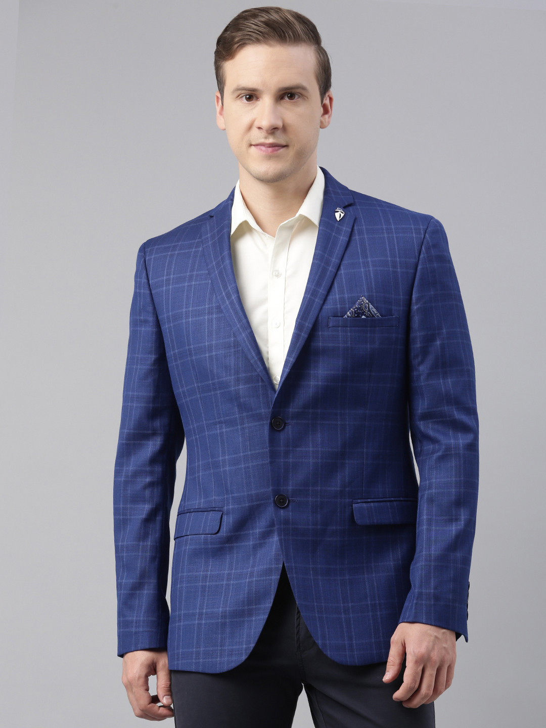 Buy Theme Men Blue Checked Slim Fit Single Breasted Casual Blazer ...