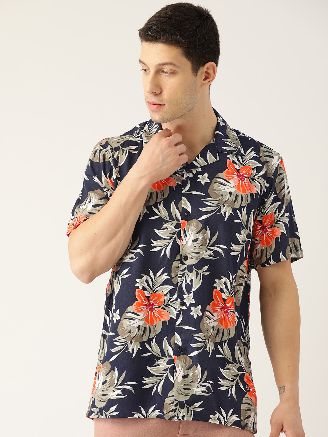 Buy Hancock Men Navy Blue & Olive Green Relaxed Fit Floral Print Casual ...