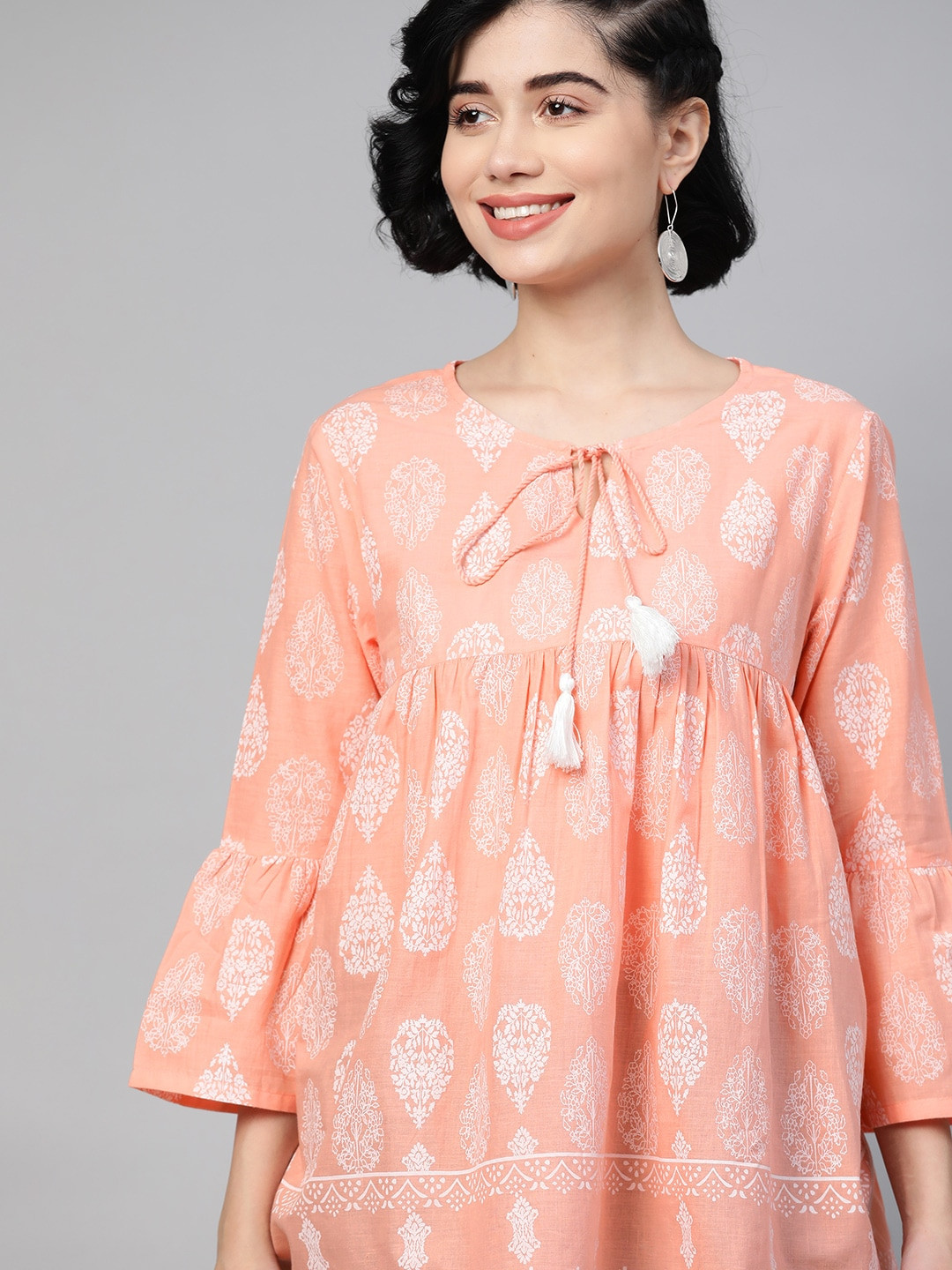 Buy HERE&NOW Women Peach Colored & White Pure Cotton Tie Up Neck Bell ...