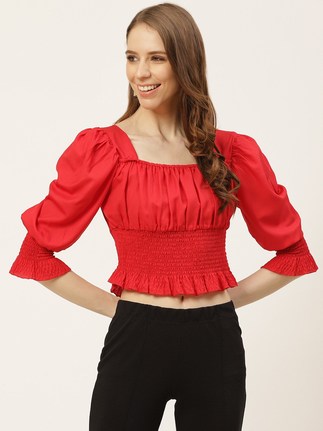 Buy Off Label Red Puff Sleeve Smocked Regular Crop Top - Tops for Women ...