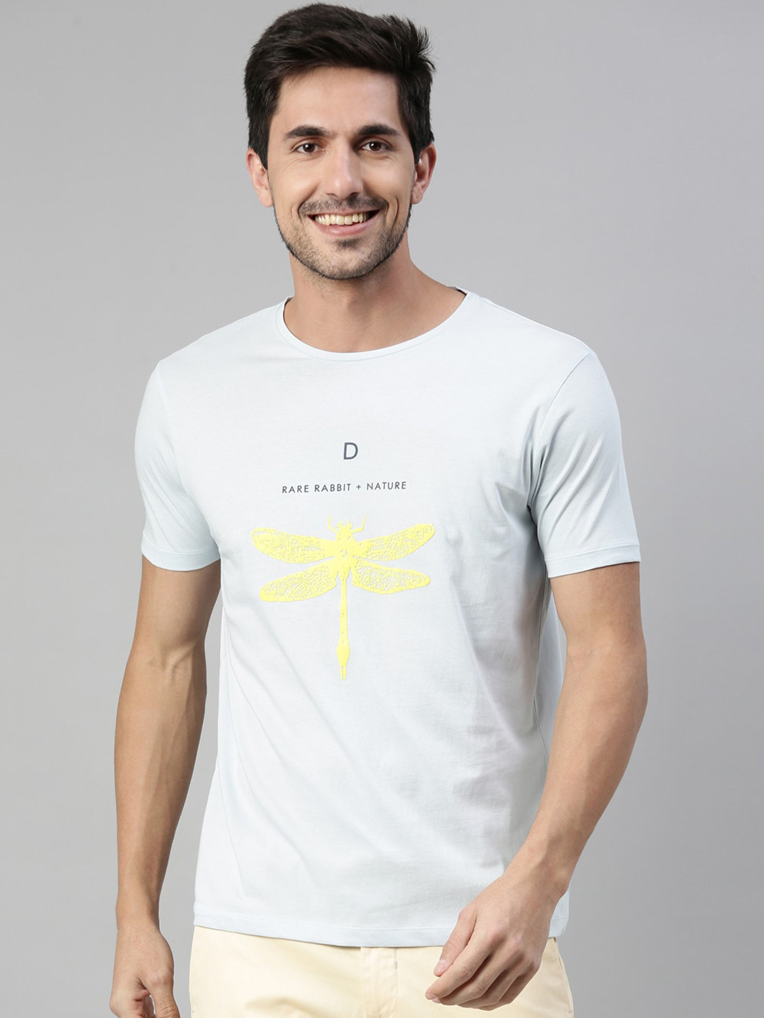 Buy RARE RABBIT Men Blue Pure Cotton Printed Round Neck Pure Cotton T ...