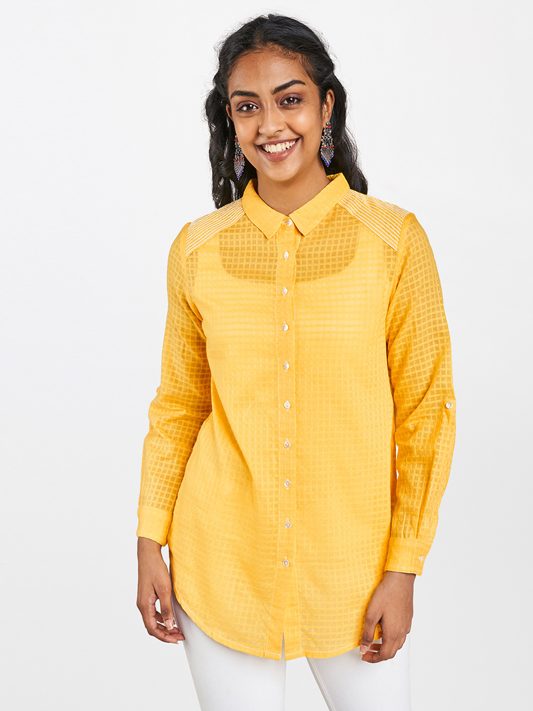 Buy Global Desi Yellow Self Designed Pure Cotton Shirt Style Top - Tops ...