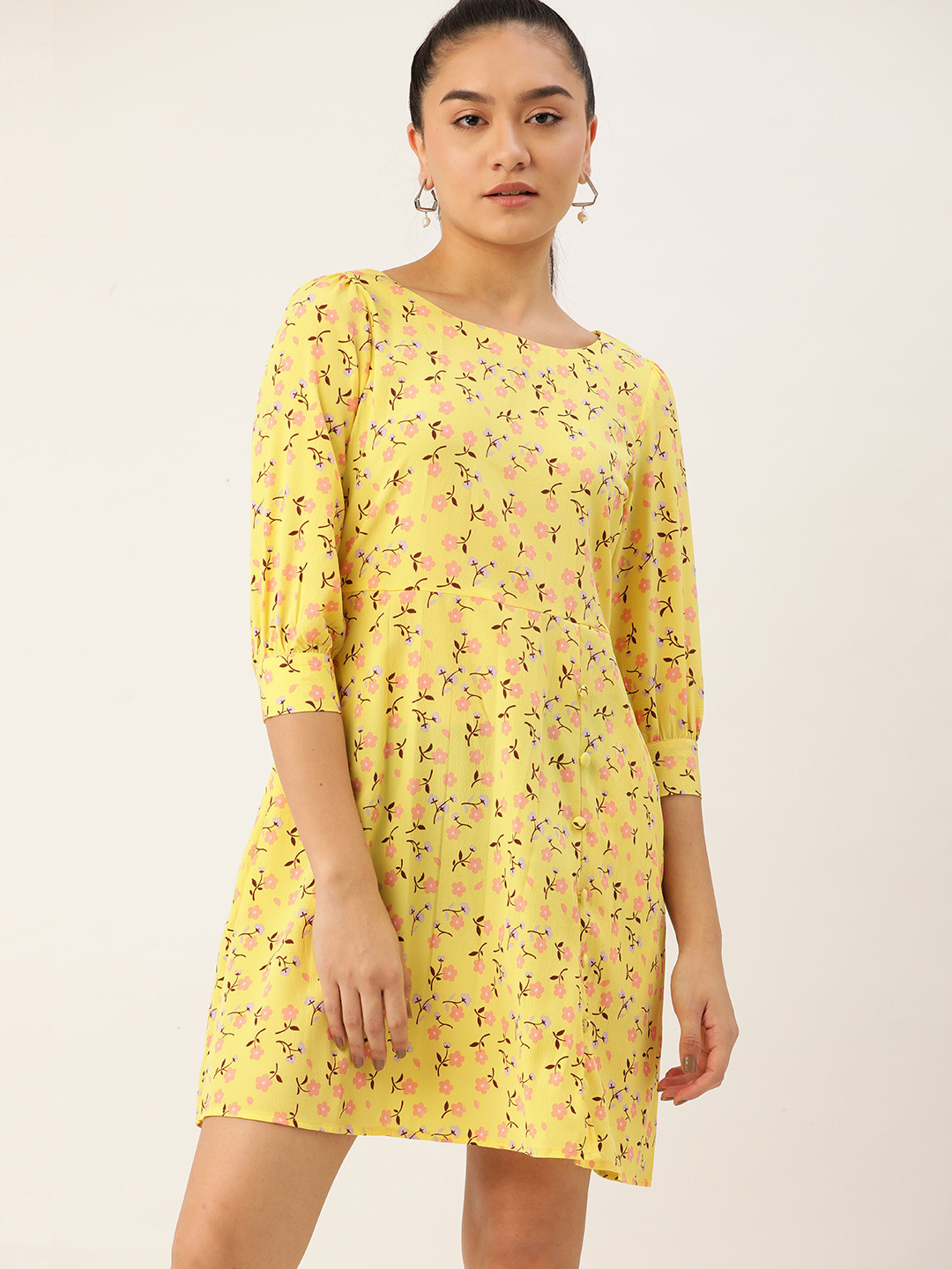 Buy DressBerry Yellow & Brown Floral Printed A Line Dress - Dresses for ...