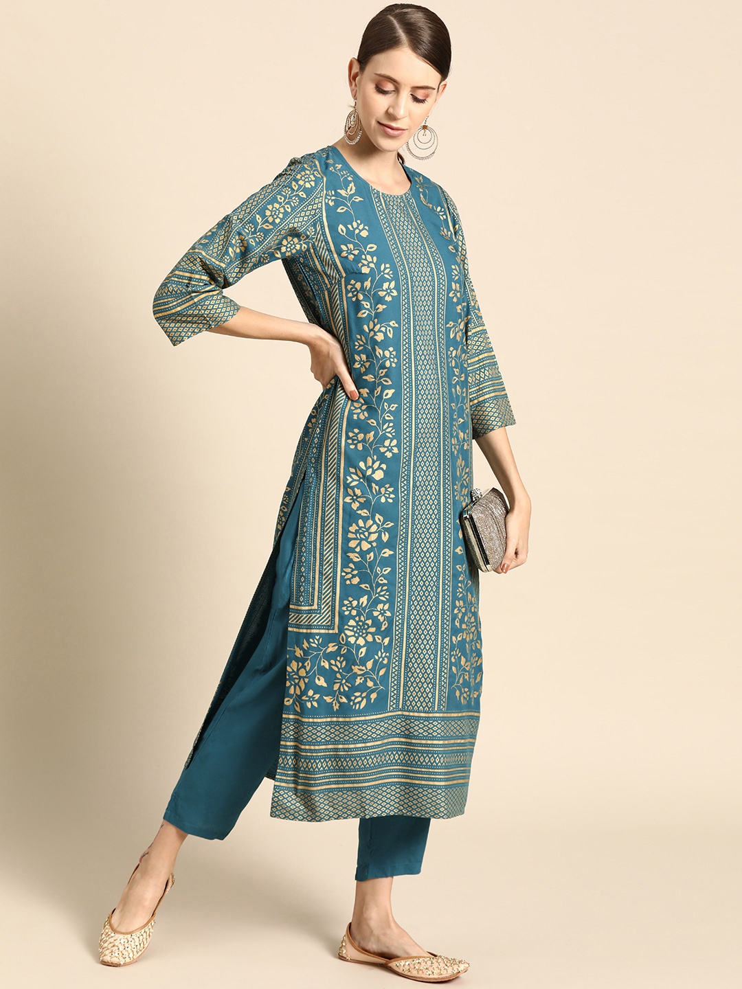 Buy Anouk Women Teal Ethnic Motifs Printed Regular Kurta With Trousers