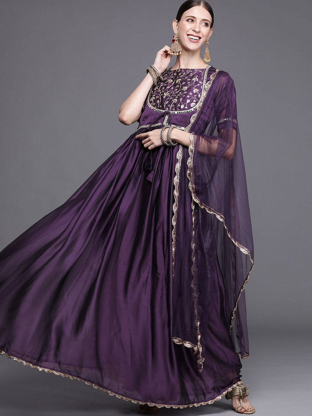 Buy Inddus Women Purple & Golden Yoke Embroidered Mirror Work Anarkali ...