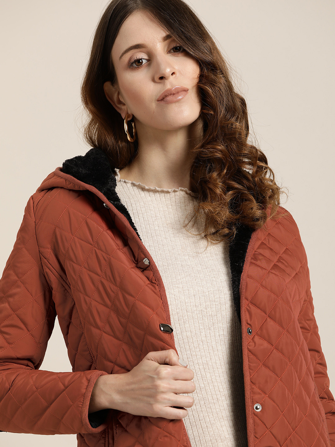 Buy All About You Women Rust Brown Solid Hooded Quilted Jacket ...