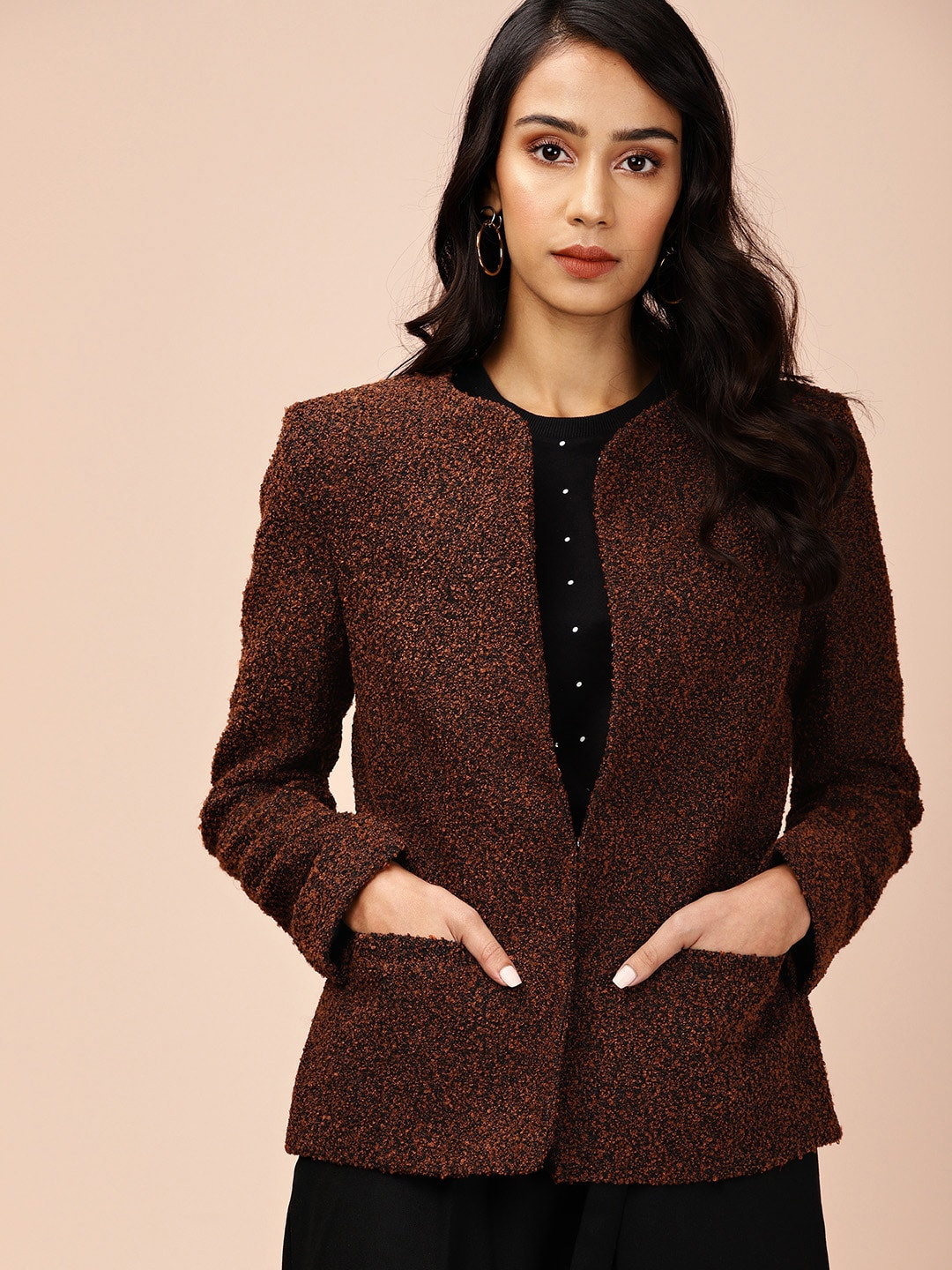 Buy All About You Women Brown Boucle Open Front Jacket - Jackets for ...