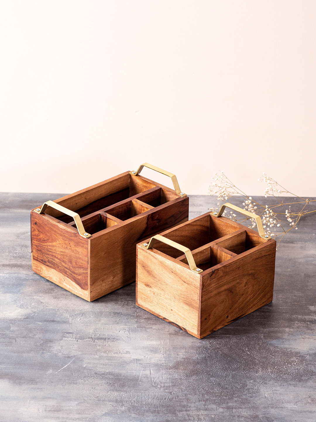 Buy Nestroots Set Of 2 Brown & Gold Toned Solid Wooden Spoon Stands ...