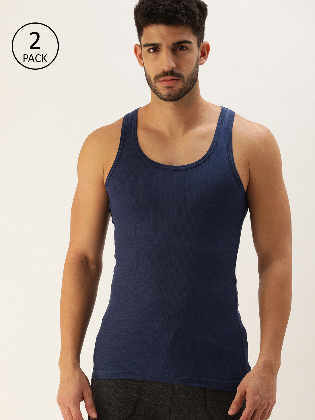 Buy Ether Men Pack Of 2 Navy Blue Ribbed Cotton Innerwear Vests ETHR RB ...