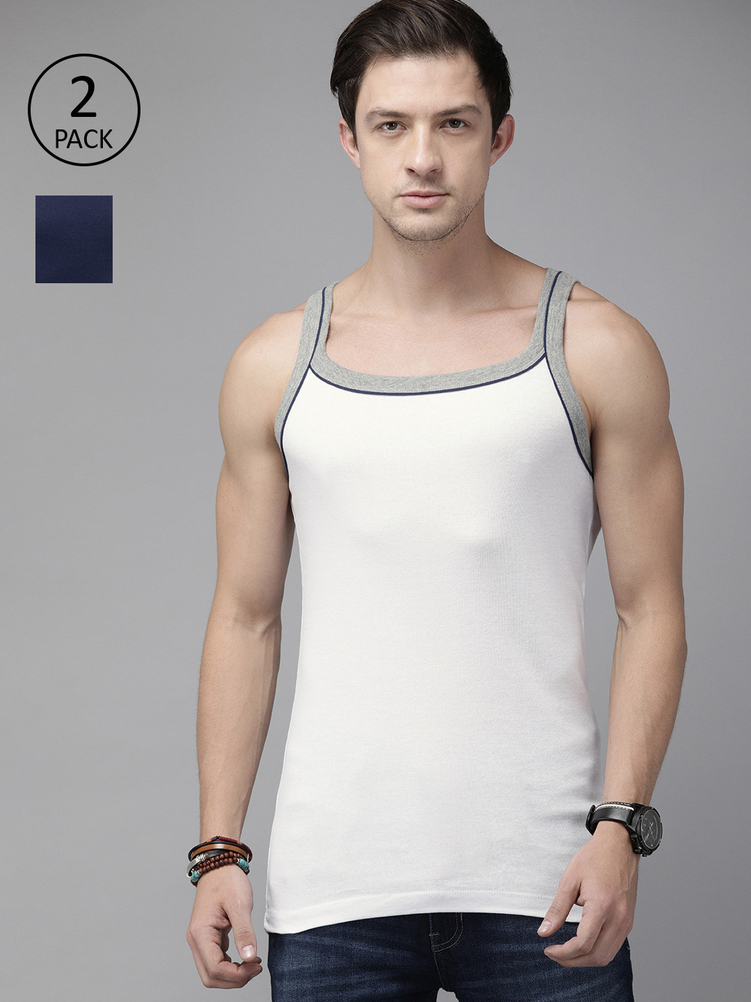 Buy Roadster Men Pack Of 2 Solid Pure Cotton Innerwear Vests ...