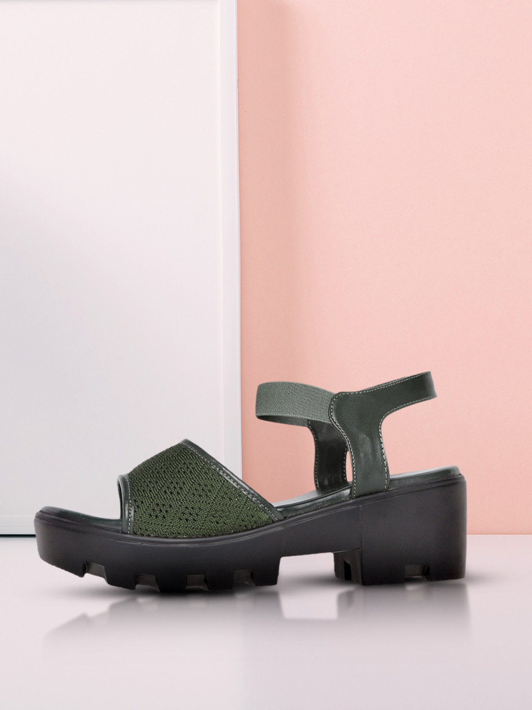 Buy Roadster Olive Green Woven Design Chunky Cleated Platform Heels ...