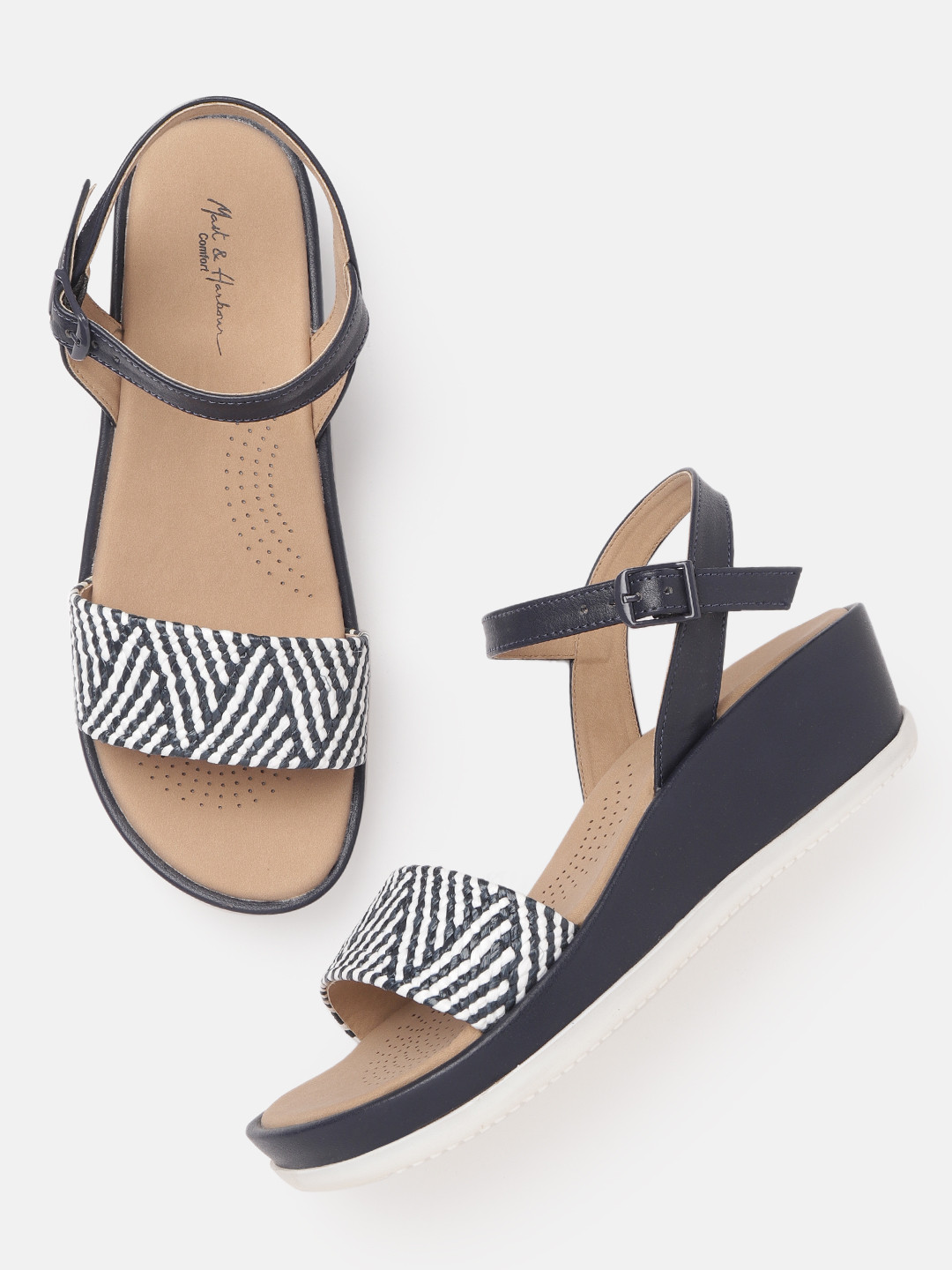 Buy Mast & Harbour Women Navy Blue & White Braided Wedges - Heels for ...