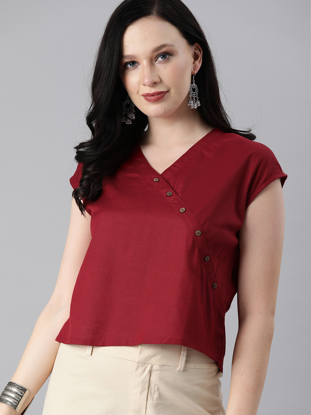Buy Global Desi Maroon Extended Sleeves Regular Crop Top - Tops for ...