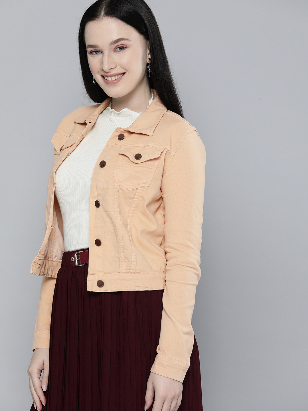 Buy HERE&NOW Women Peach Coloured Denim Jacket - Jackets for Women ...