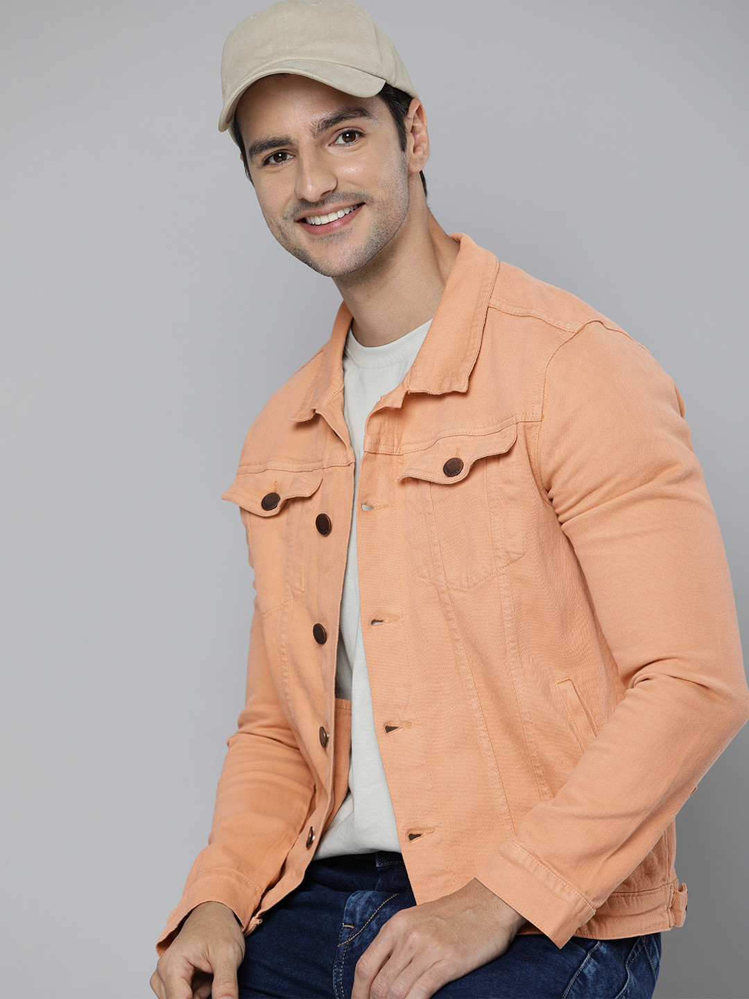 Buy HERE&NOW Men Peach Coloured Denim Jacket - Jackets for Men 14275368 ...