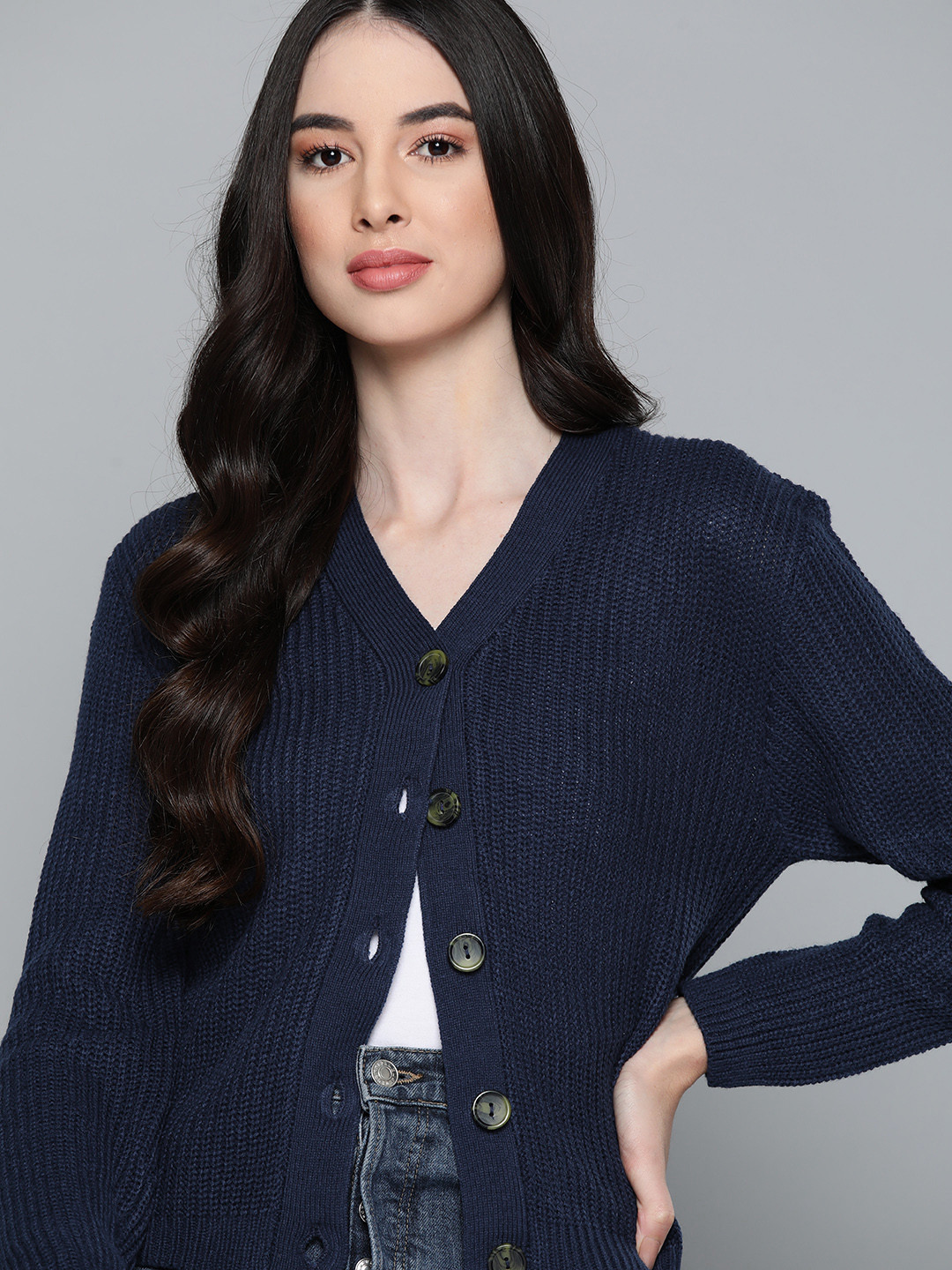 Buy Harvard Women Navy Blue Solid Cardigan - Sweaters for Women ...