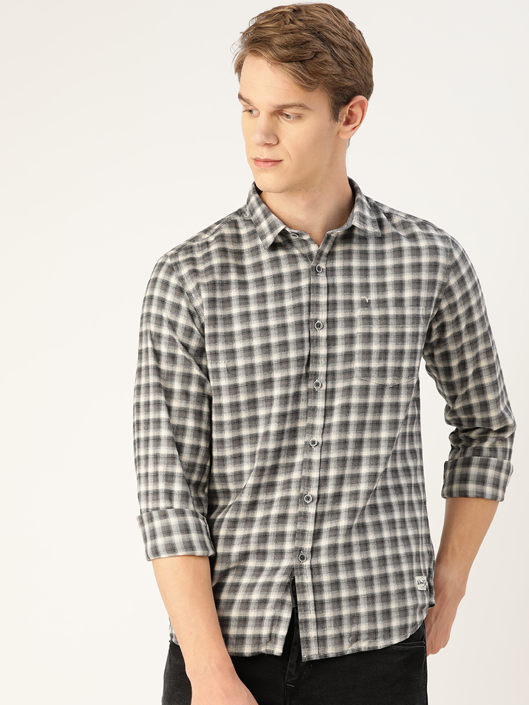 Buy Flying Machine Men Grey & Off White Pure Cotton Slim Fit Checked ...