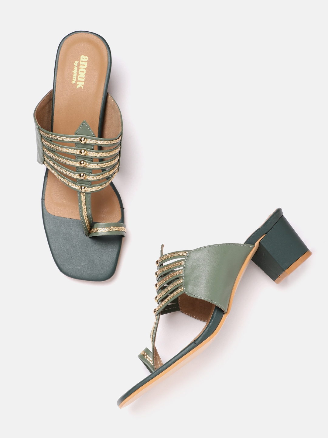 Buy Anouk Olive Green & Gold Toned Braided Ethnic Block Heels - Heels ...