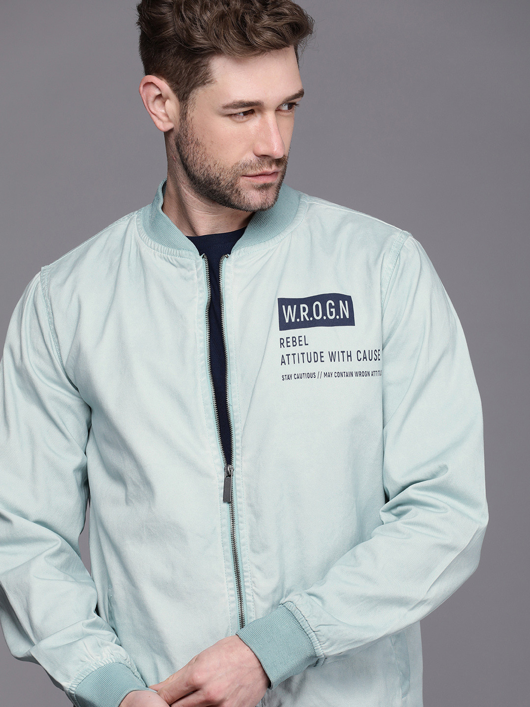 Buy WROGN Men Blue Typography Pure Cotton Bomber Jacket - Jackets for ...