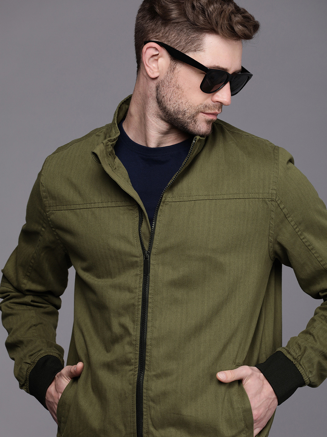 Buy WROGN Men Olive Green Pure Cotton Bomber Jacket - Jackets for Men ...