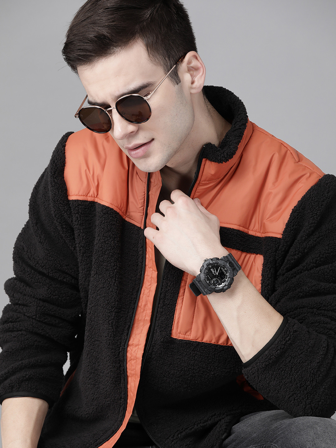 Buy Roadster Men Black & Rust Orange Colourblocked Sherpa Jacket ...