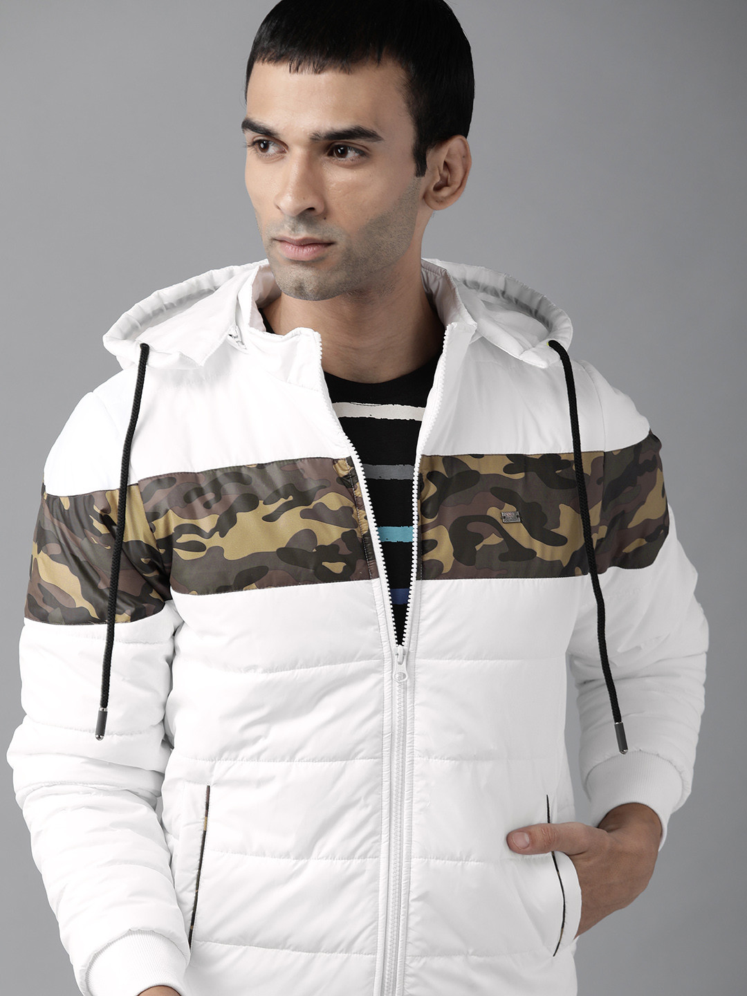 Buy Roadster Men White Camouflage Print Detail Padded Jacket - Jackets ...