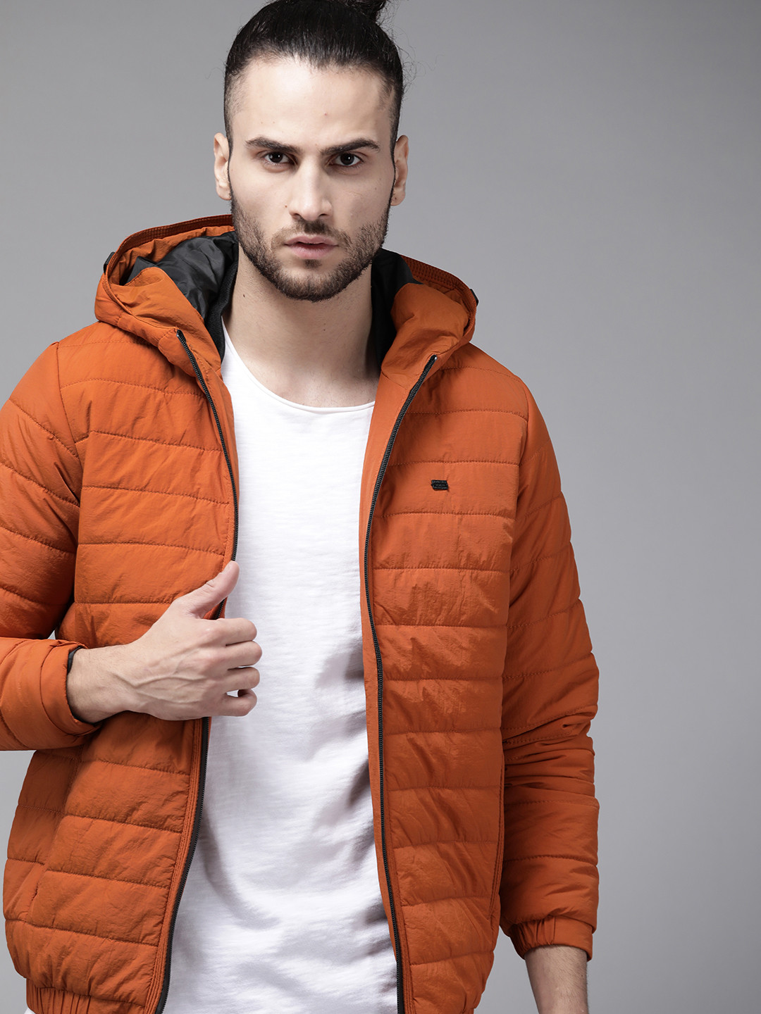 Buy Roadster Men Rust Orange Solid Hooded Puffer Jacket - Jackets for ...