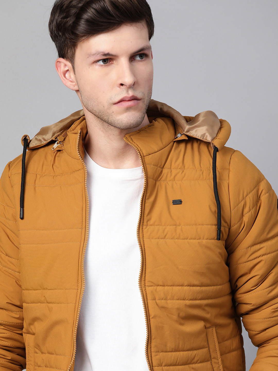 Buy Roadster Men Mustard Yellow Solid Detachable Hood Padded Jacket ...
