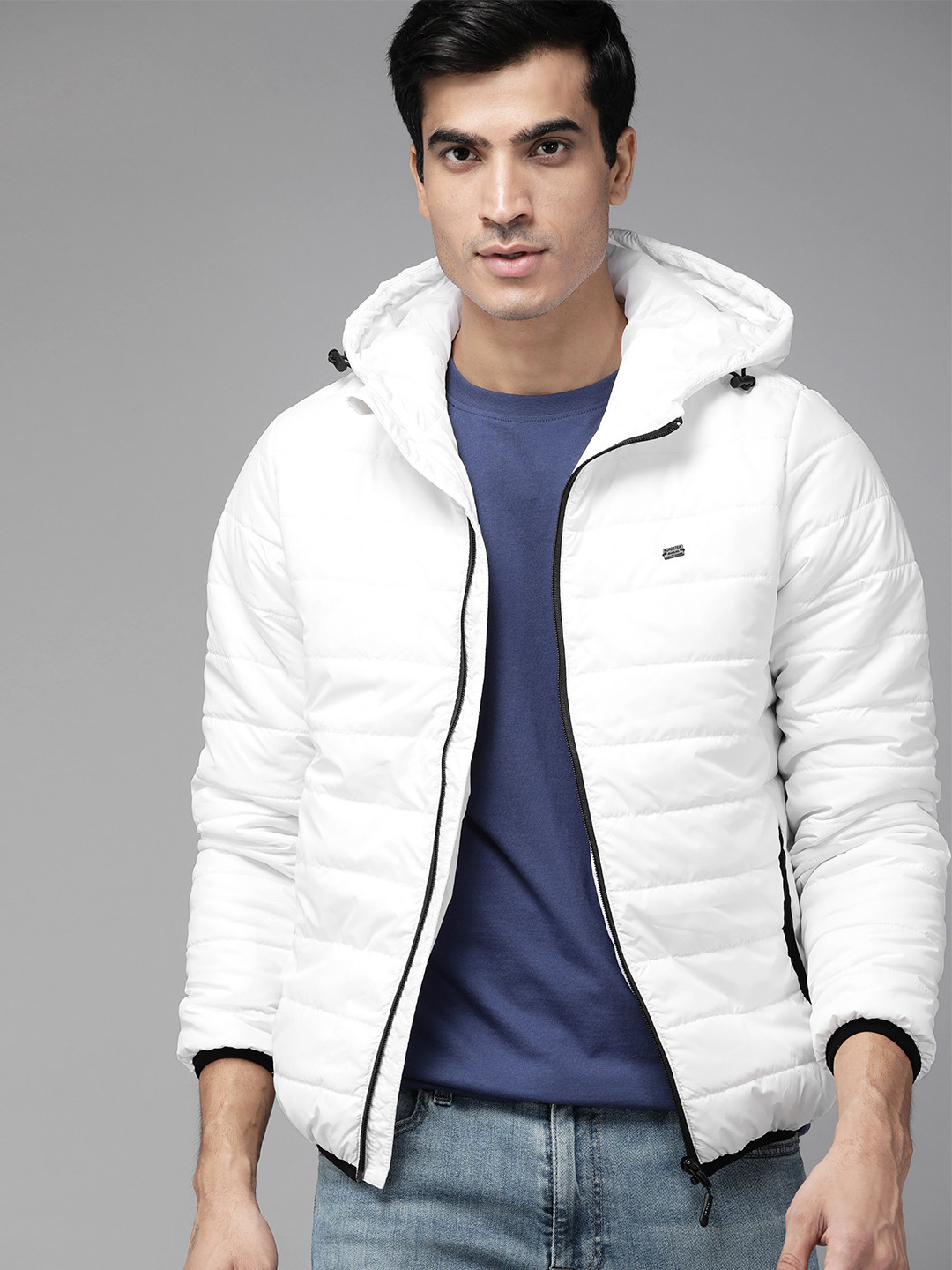 Buy Roadster Men White Solid Hooded Padded Jacket - Jackets for Men ...