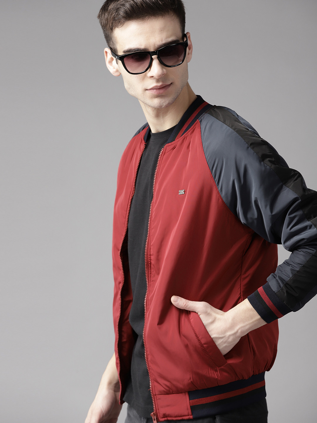 Buy Roadster Men Maroon & Navy Blue Solid Varsity Jacket - Jackets for ...