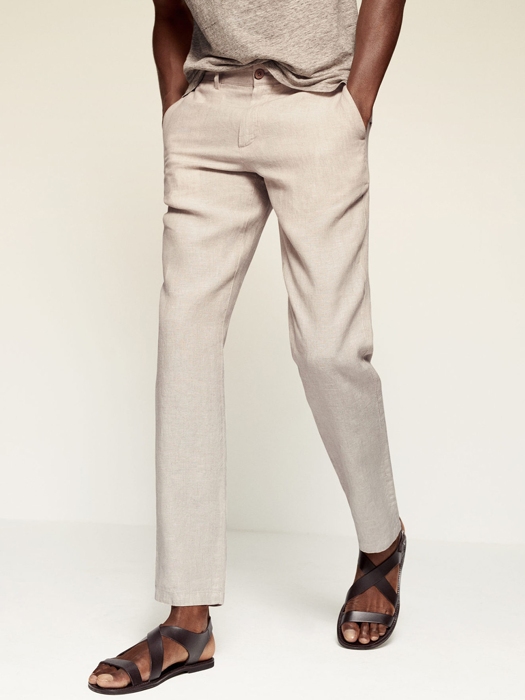 Buy MANGO MAN Men Beige Slim Fit Linen Sustainable Trousers - Trousers ...